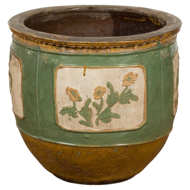 Antique Chinese Green Glazed Ceramic Planter with Cartouche and Flowers ...