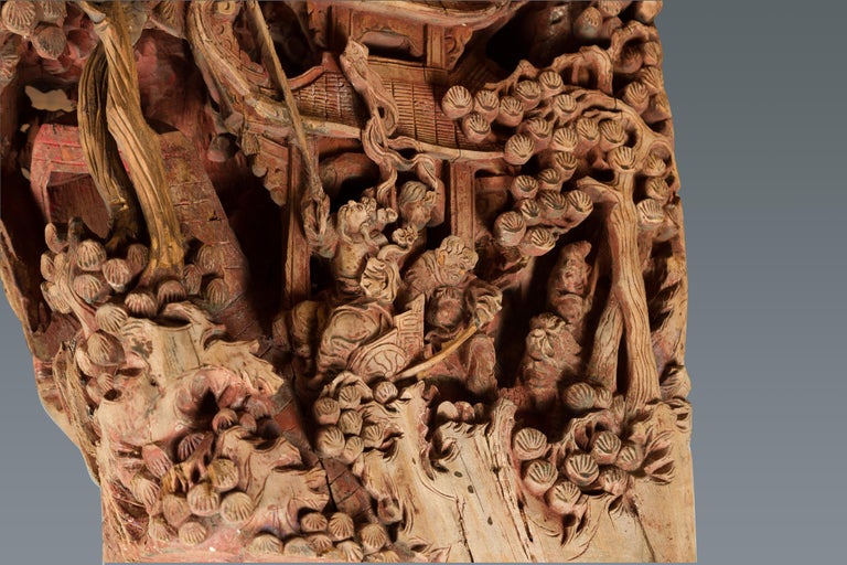 Antique Chinese Hand Carved Temple Corbel with Original Red Polychromy ...