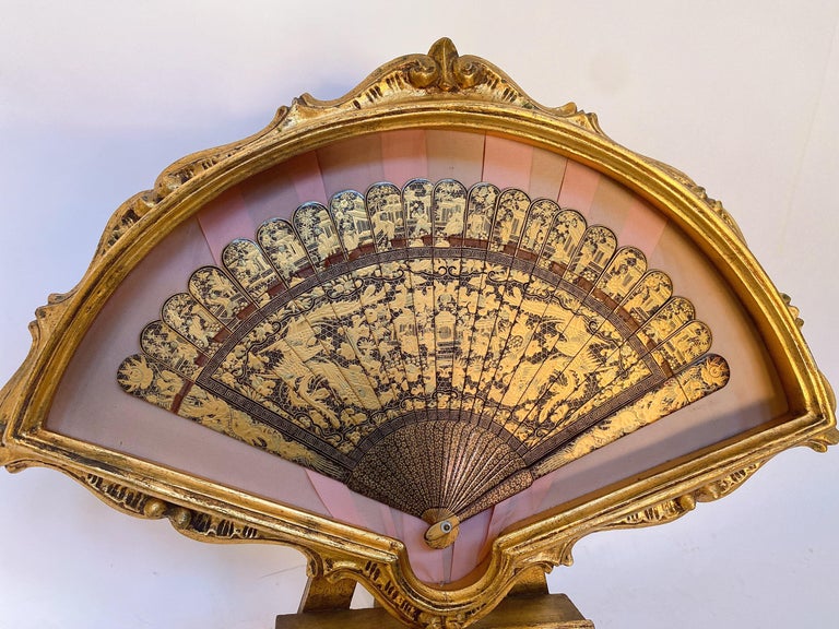 Antique Chinese Hand Paint Gold Lacquer Scene Gilt Fan For Sale at 1stDibs