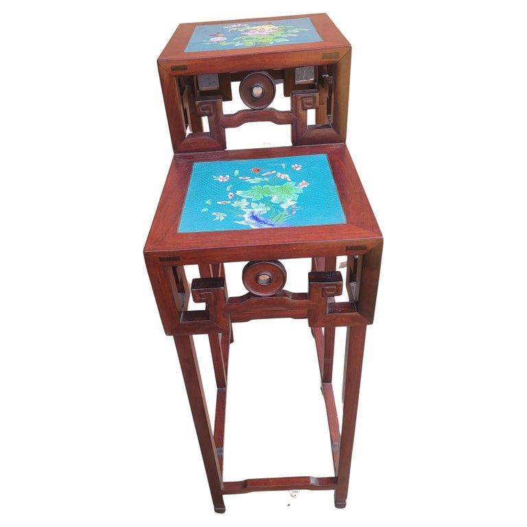 Antique Chinese Hongmu Carved Rosewood and Floral Enamel Cloisonné 2 ...