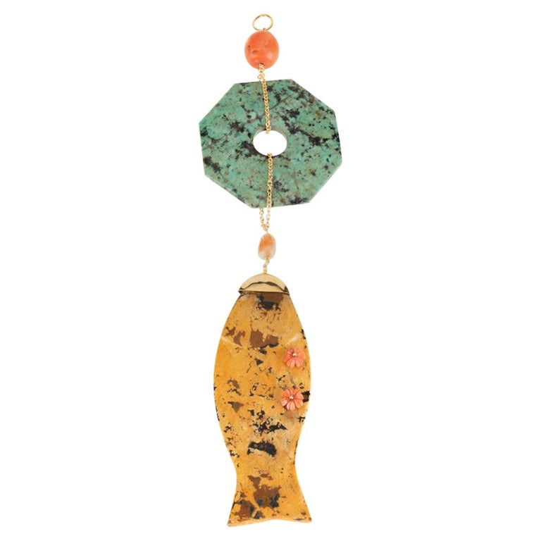 Antique Chinese Jasper Coral Turquoise 18 Karat Gold Pendant at 1stDibs