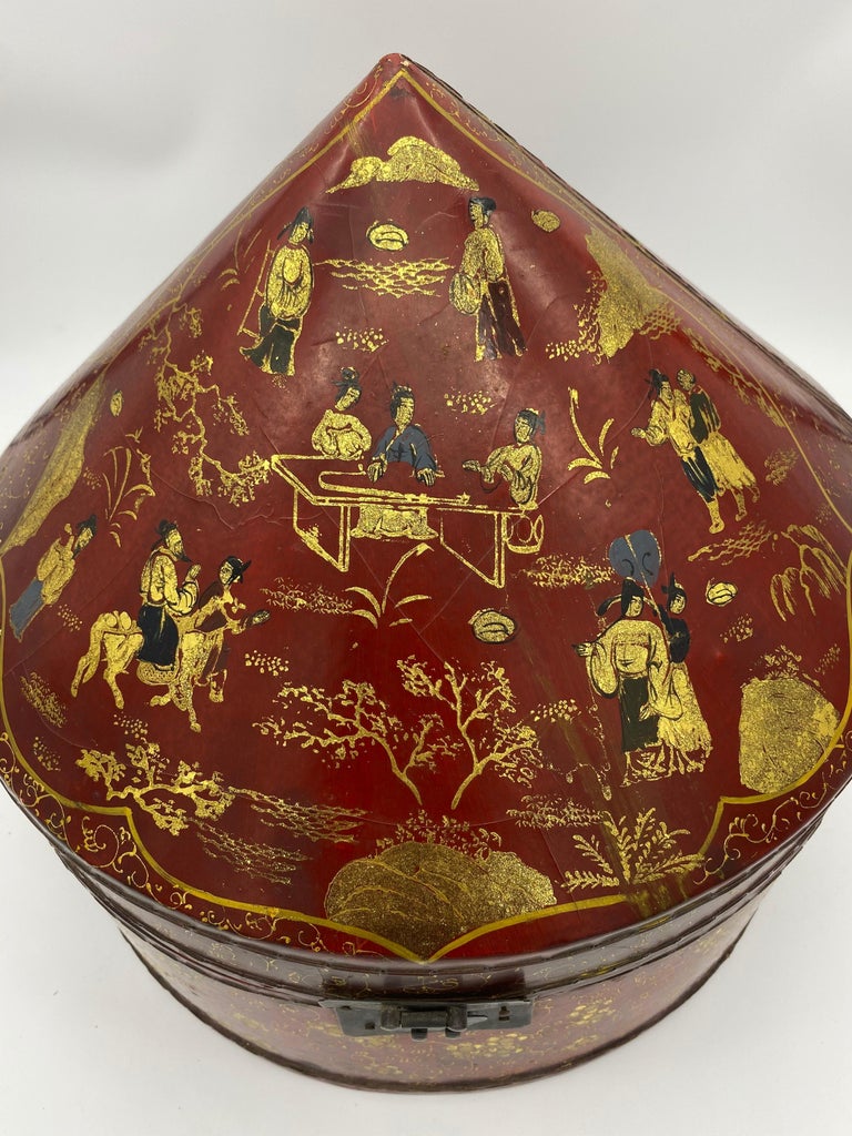 Antique Chinese Lacquer Leather Hat Box at 1stDibs
