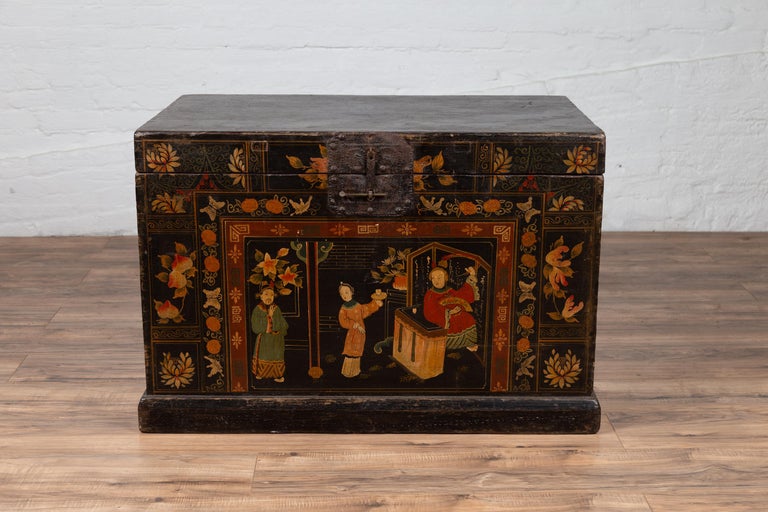 Antique Chinese Large Black Lacquered Trunk with Court Scenes ...