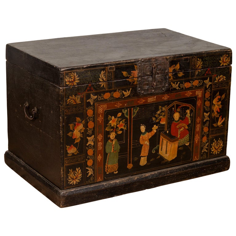 Antique Chinese Large Black Lacquered Trunk with Court Scenes ...