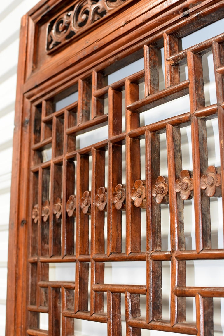 Antique Chinese Lattice Screen with Carved Plum Blossom and Dragon at ...