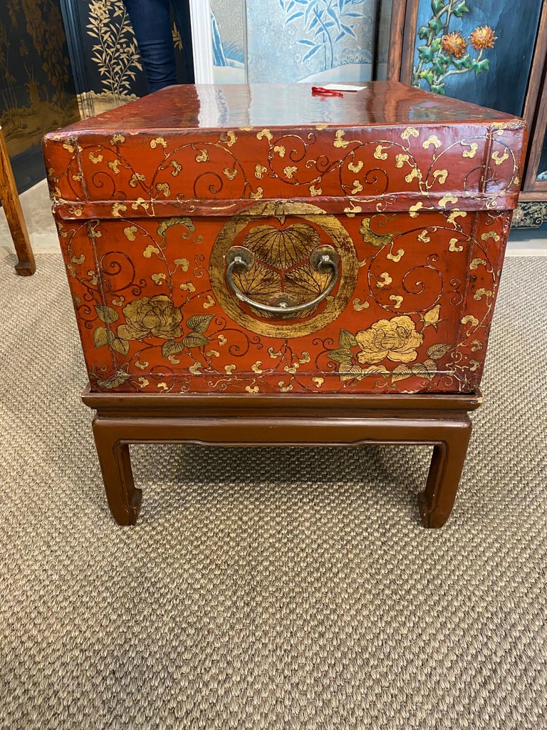 Antique Chinese Leather Trunk with Gold Crests For Sale at 1stDibs