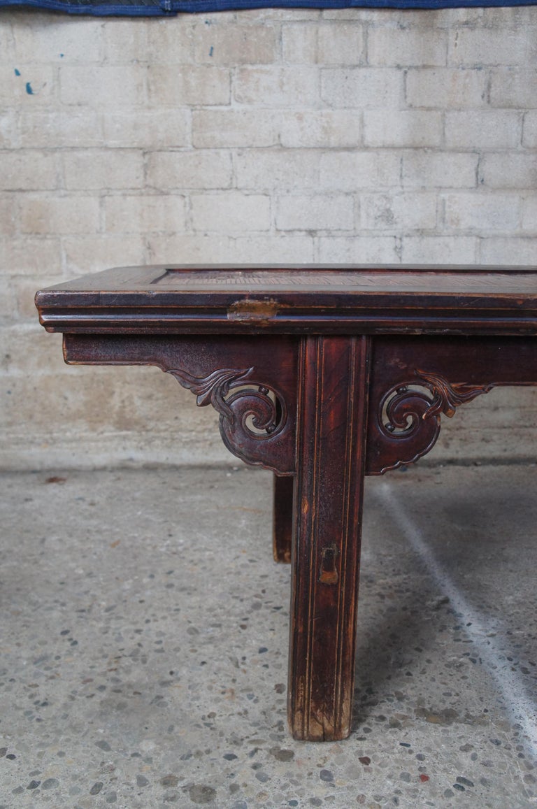 Antique Chinese Ming Style Carved Elm Split Reed Altar Bench Coffee ...