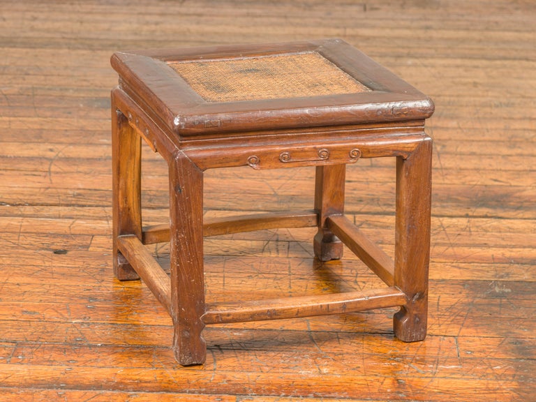 Antique Chinese Ming Style Waisted Stool with Horsehoof Legs and Rattan ...