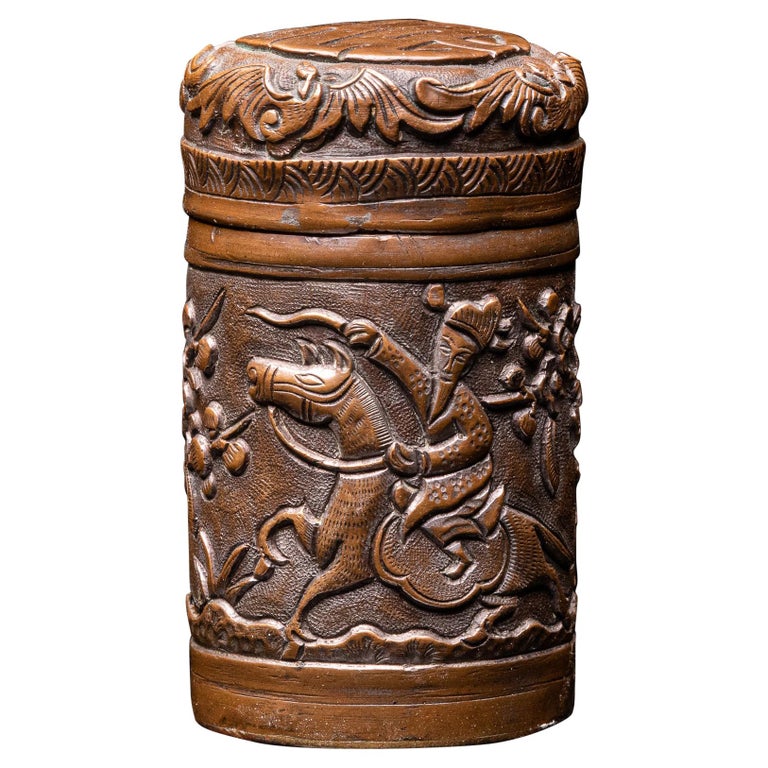 Antique Chinese Opium Box in Hammered Brass, Decorated with a Scene of ...