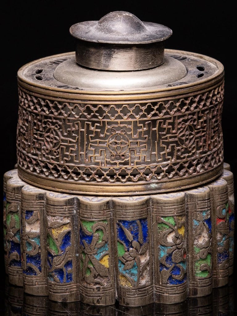 Antique Chinese Opium Lamp with a Round Silver lobed Base in cloisonné ...