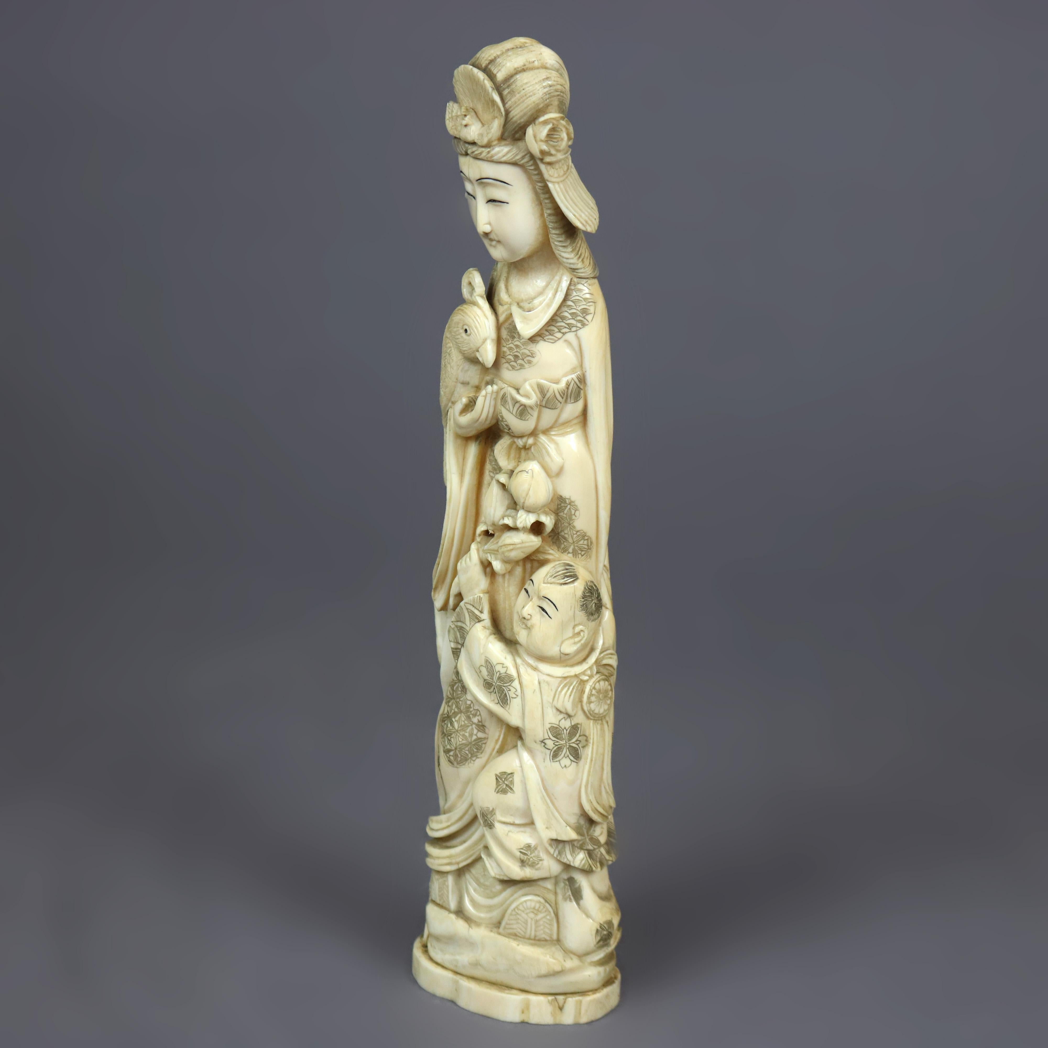Antique Chinese Oriental Bone Figure of a Woman and Child with Bird ...