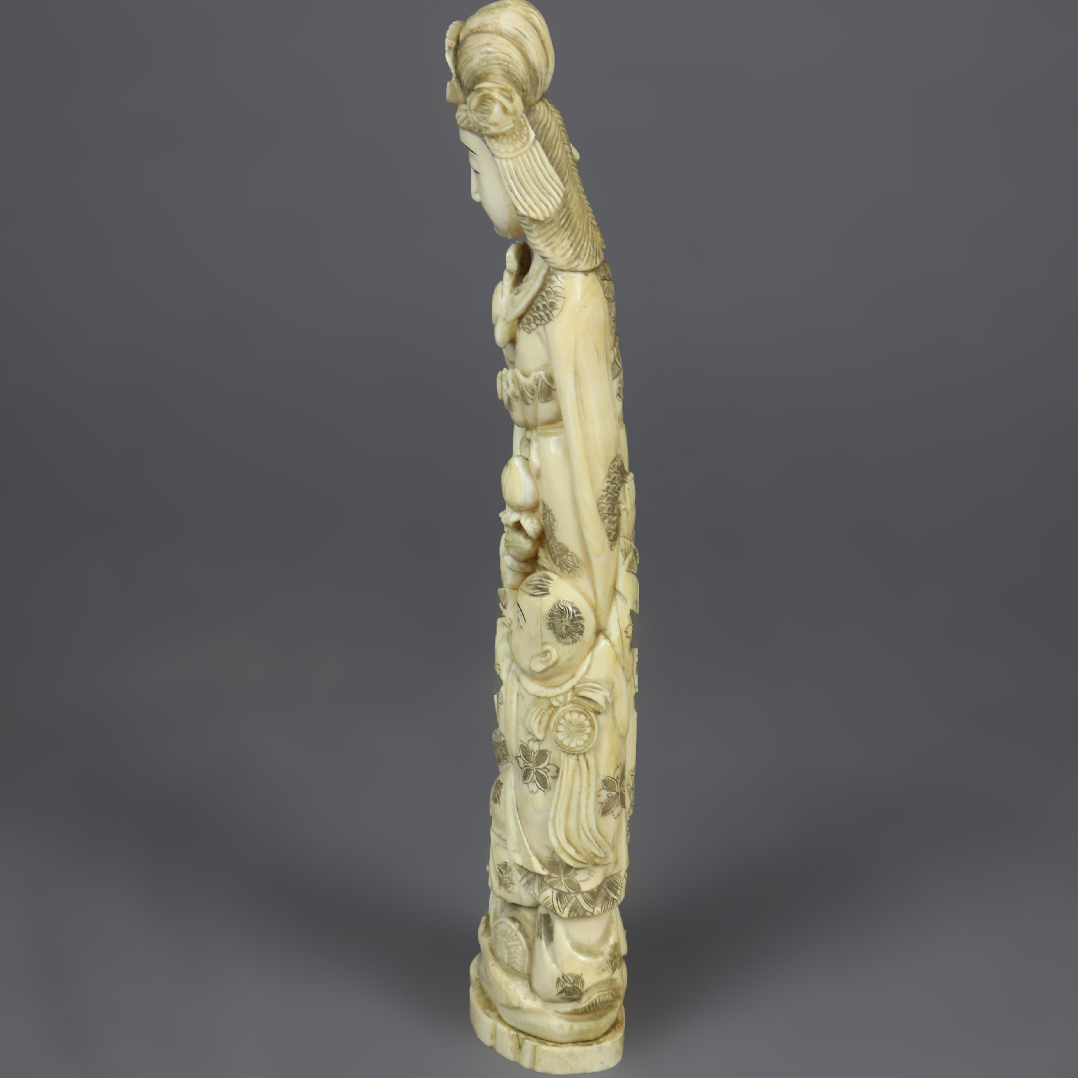 Antique Chinese Oriental Bone Figure of a Woman and Child with Bird ...