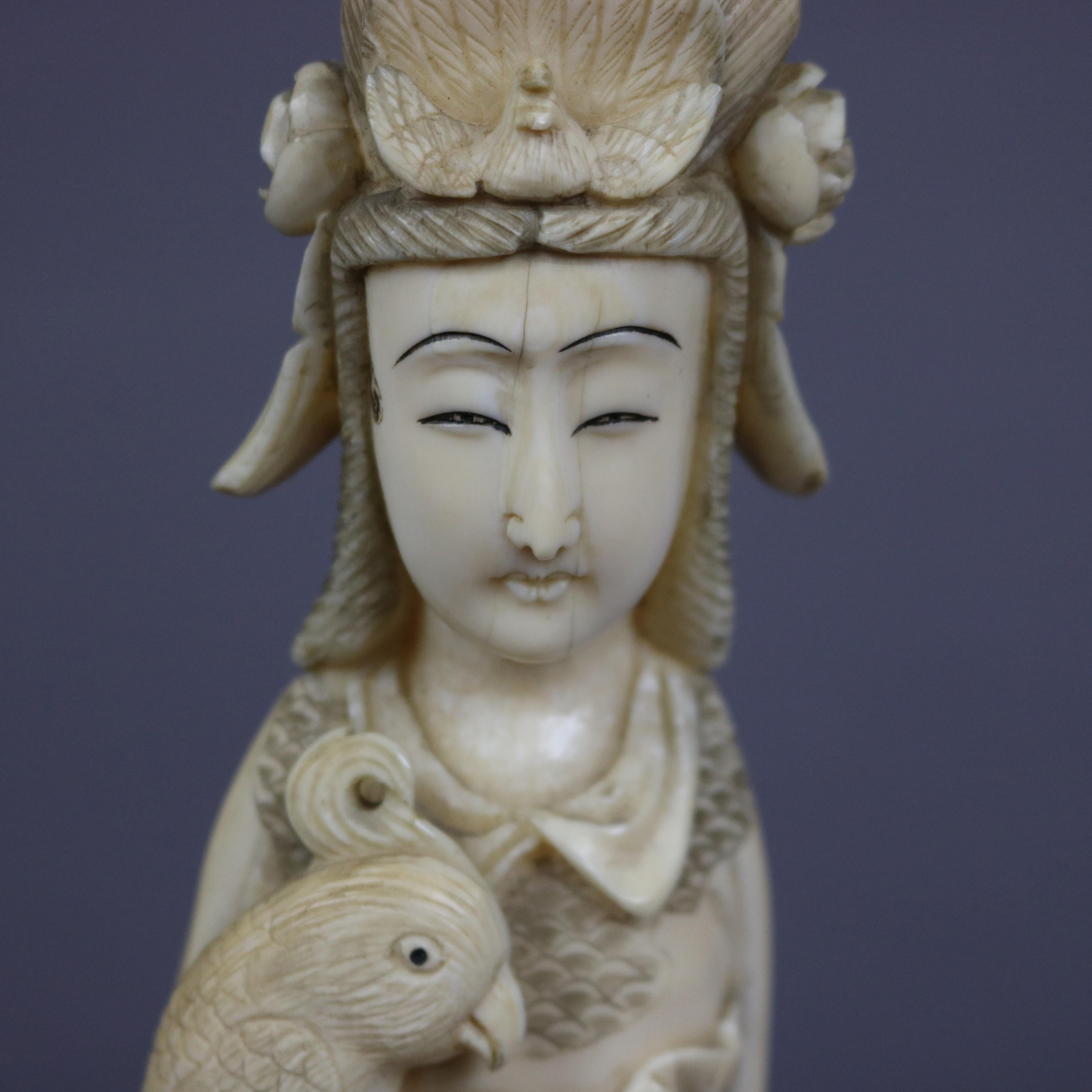 Antique Chinese Oriental Bone Figure of a Woman and Child with Bird ...