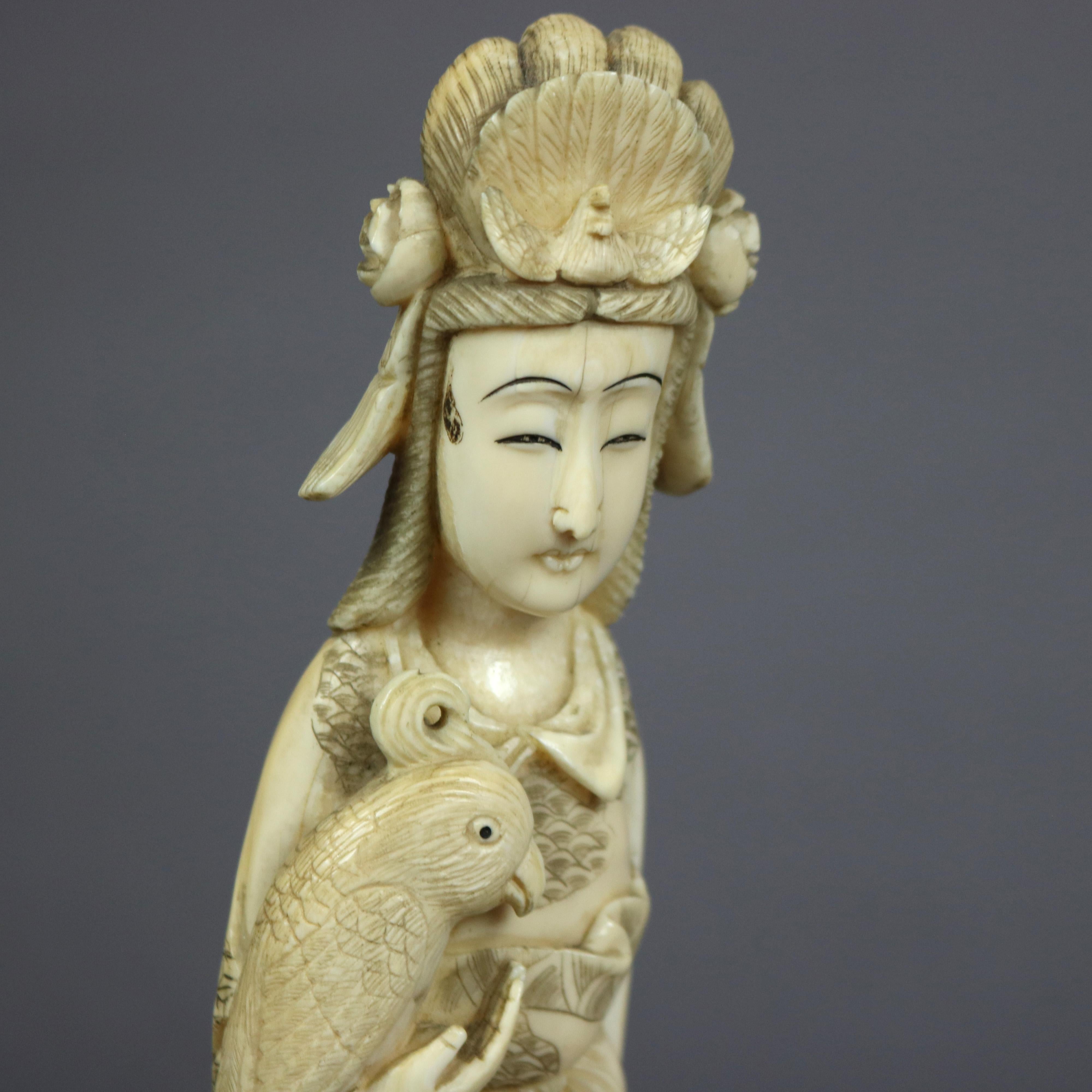 Antique Chinese Oriental Bone Figure of a Woman and Child with Bird ...