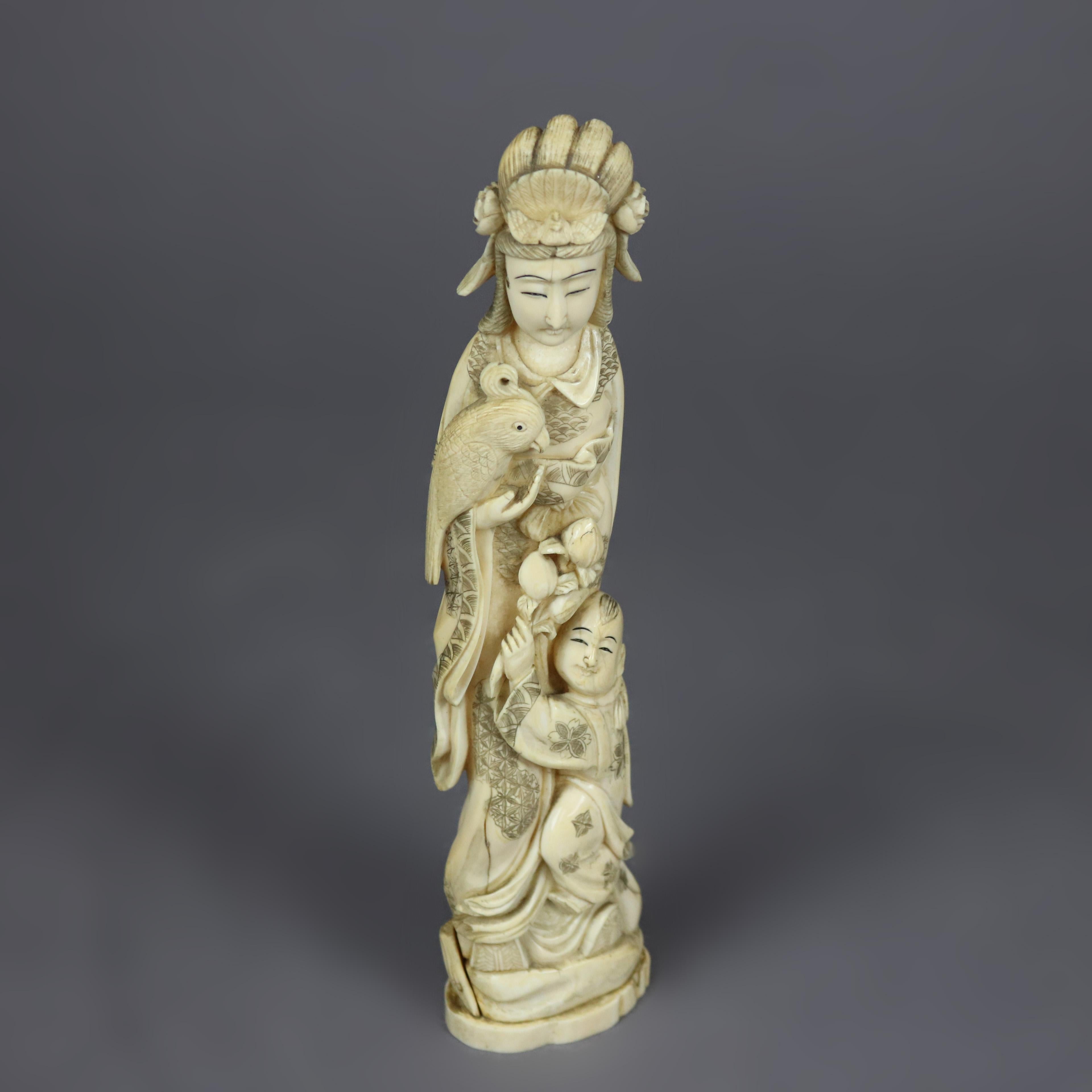 Antique Chinese Oriental Bone Figure of a Woman and Child with Bird ...