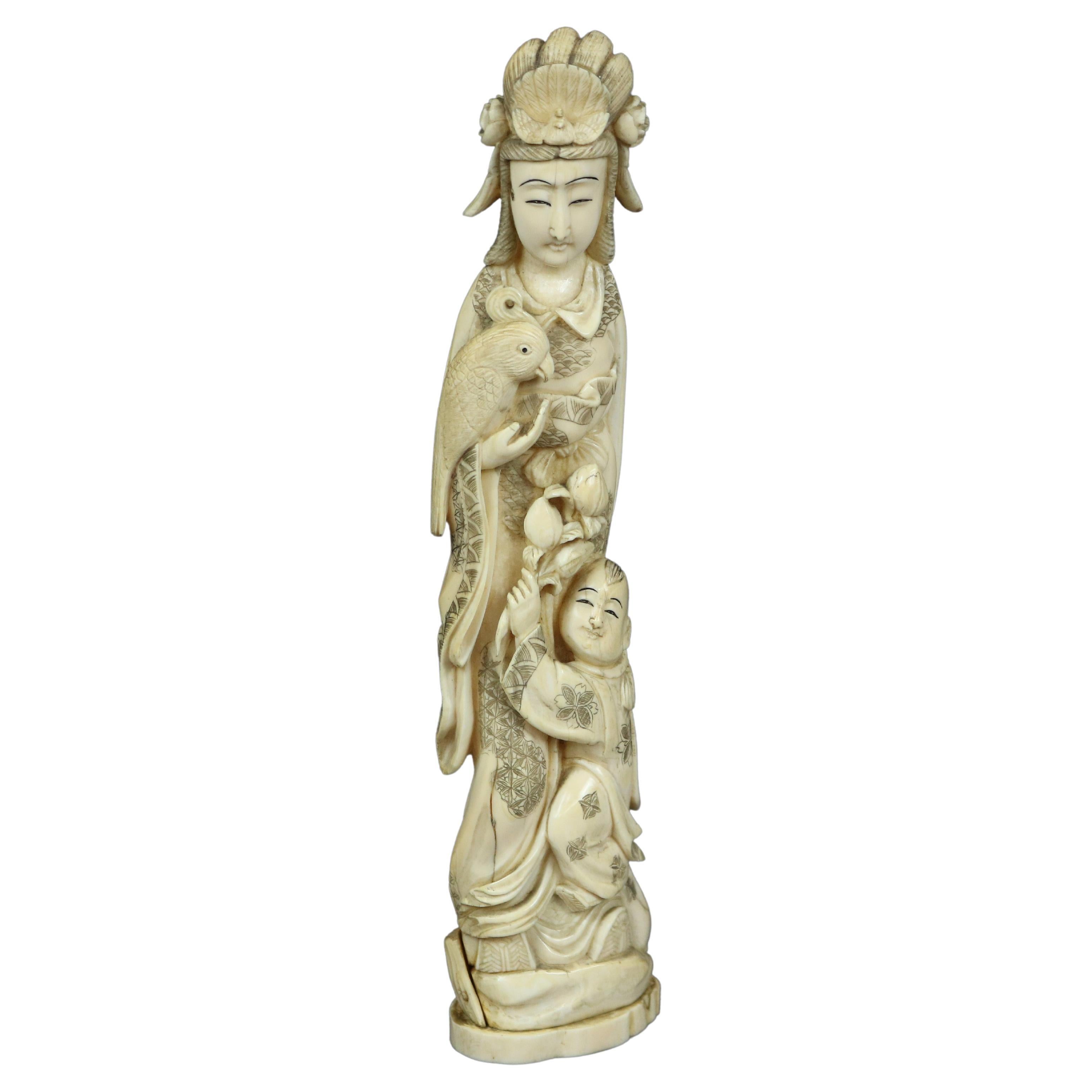 Antique Chinese Oriental Bone Figure of a Woman and Child with Bird ...