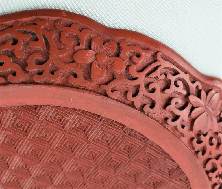 Antique Chinese Ornately Carved Cinnabar Plate with Landscape Scene and ...