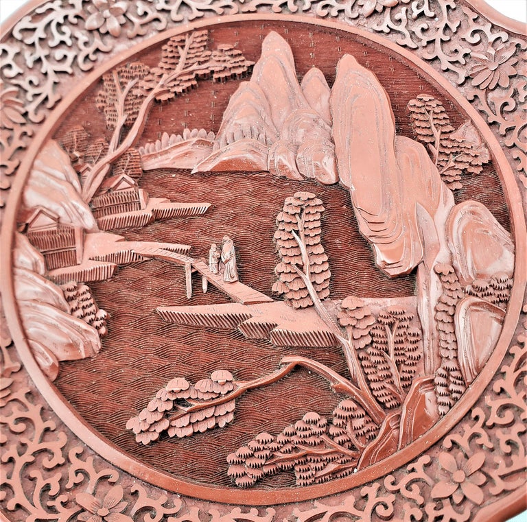 Antique Chinese Ornately Carved Cinnabar Plate with Landscape Scene and ...