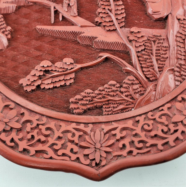 Antique Chinese Ornately Carved Cinnabar Plate with Landscape Scene and ...