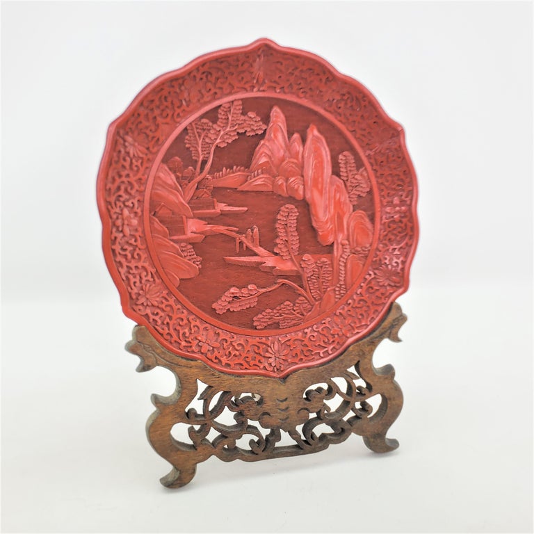 Antique Chinese Ornately Carved Cinnabar Plate with Landscape Scene and ...