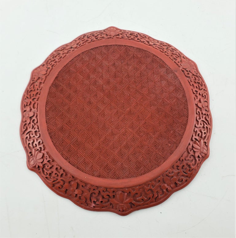 Antique Chinese Ornately Carved Cinnabar Plate with Landscape Scene and ...