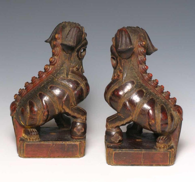 Antique Chinese Pair of Red Lacquered Wooden Fu Dogs, Qing Dynasty For ...