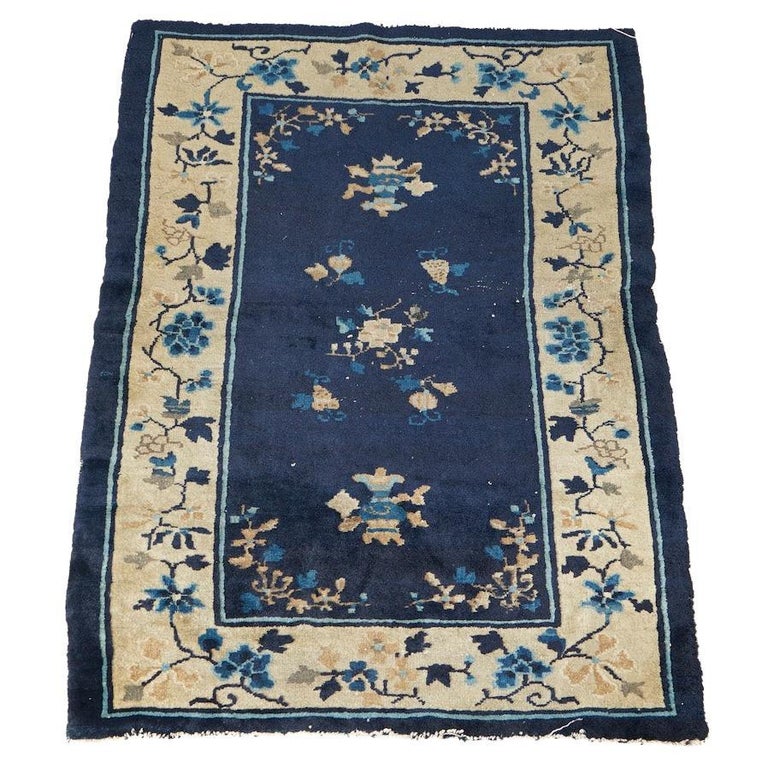 Antique Chinese Peking Oriental Wool Rug, Blue and White, Circa 1930 ...