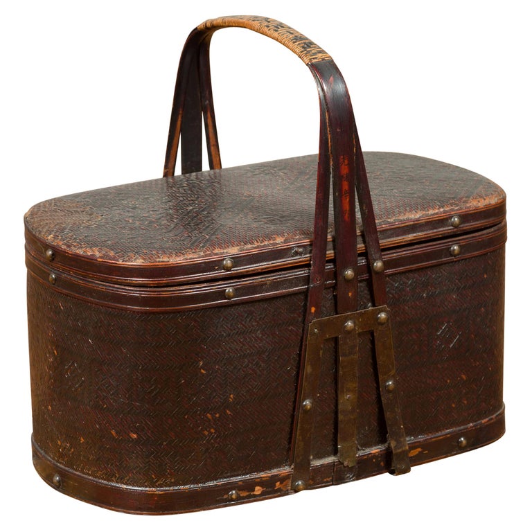 Antique Chinese Rattan and Bamboo Lunch Box with Geometric Motifs and ...