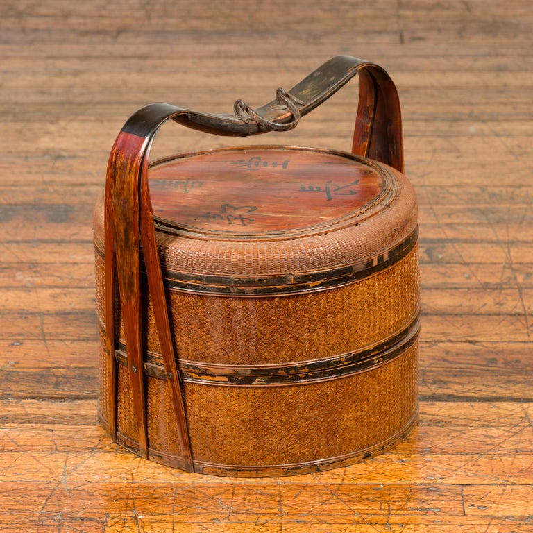 Antique Chinese Rattan Tiered Lunch Box with Carved Handle and ...