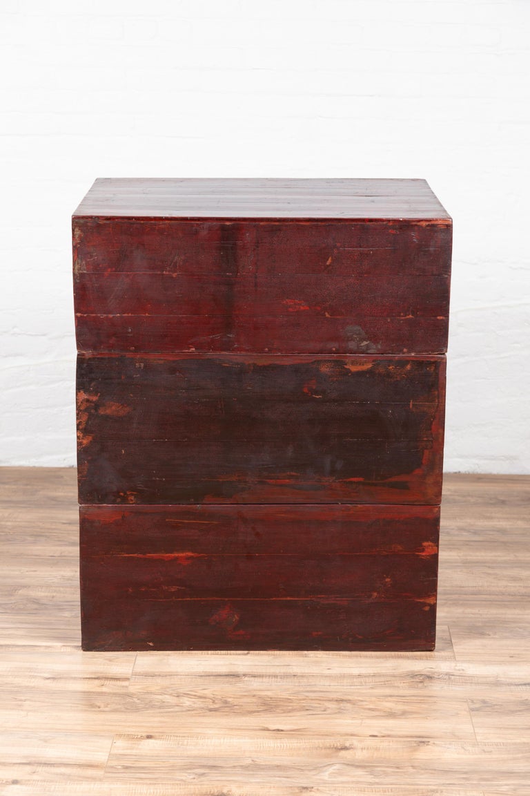 Antique Chinese Red and Black Lacquered Three-Section Chest with Carved ...