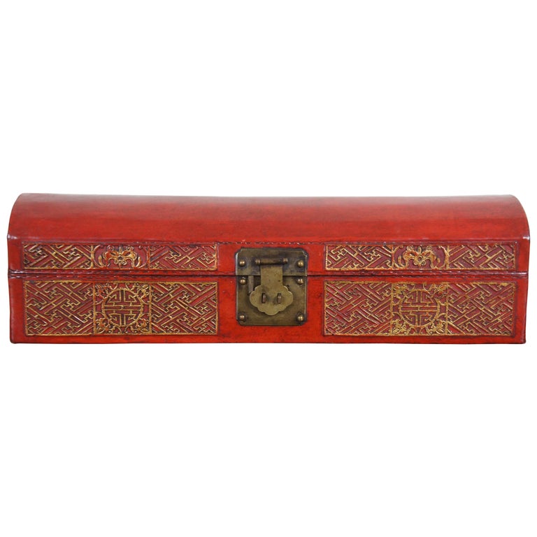 Antique Chinese Red and Gold Leather Domed and Lacquered Scroll Box at ...