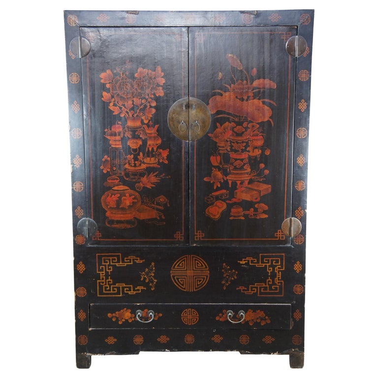 Armoire de mariage chinoise ancienne en laque rouge et noire avec ...