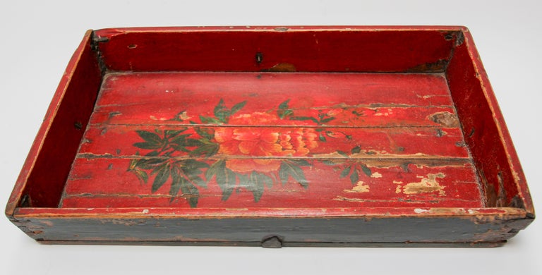 Antique Chinese Red Hand painted Wood Tray For Sale at 1stDibs ...