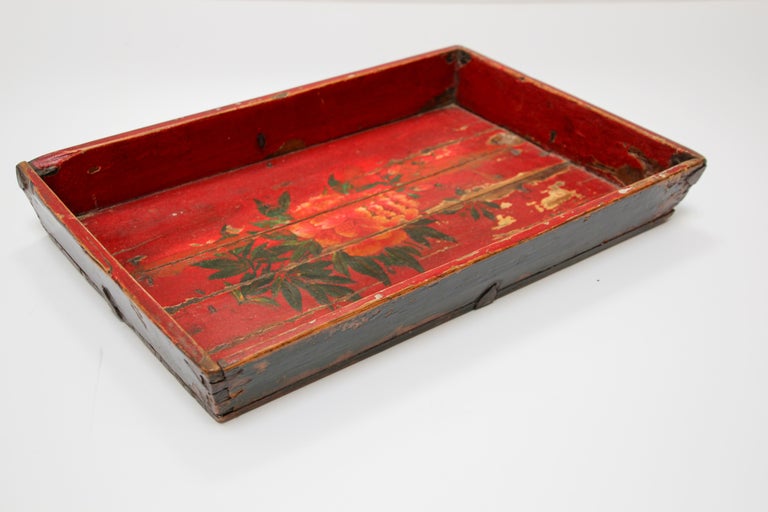 Antique Chinese Red Hand painted Wood Tray For Sale at 1stDibs ...