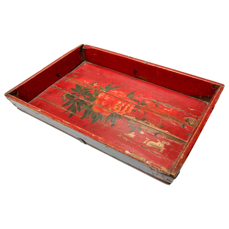 Antique Chinese Red Hand painted Wood Tray For Sale at 1stDibs ...
