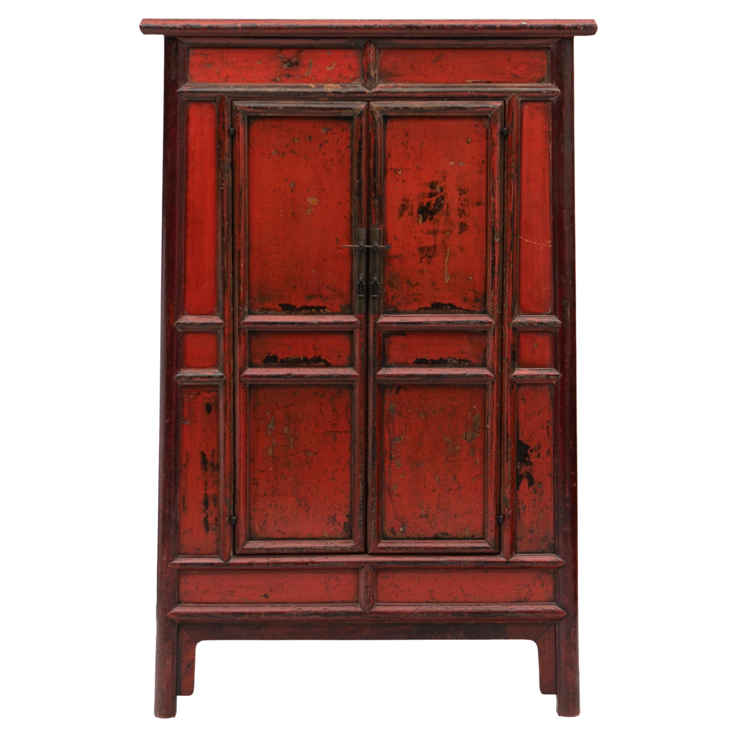 Antique Chinese Red Lacquer Ming-Style Tapered Cabinet For Sale at 1stDibs