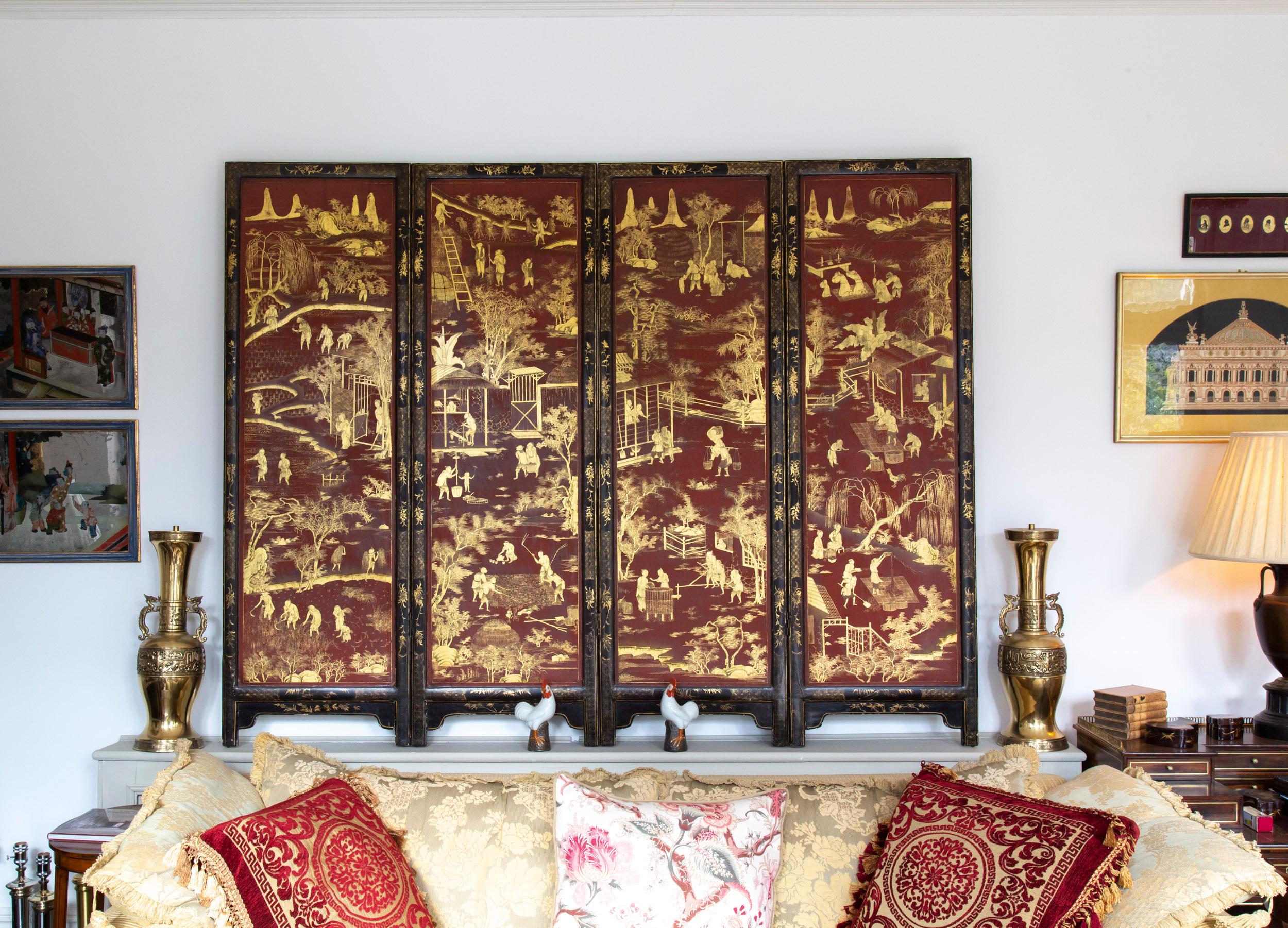 Antique Chinese Red Lacquer Screen For Sale at 1stDibs