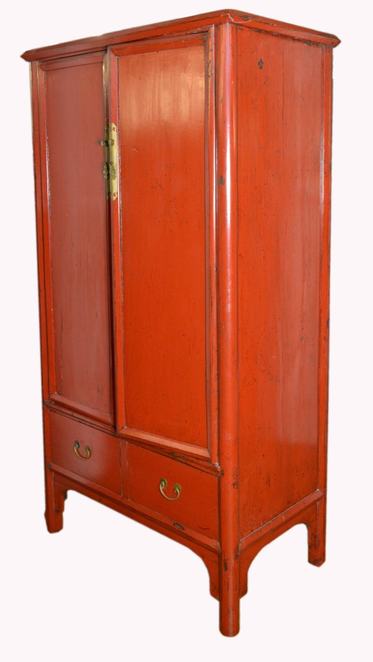 Antique Chinese Red Lacquered Armoire with Doors, Drawers and Brass ...