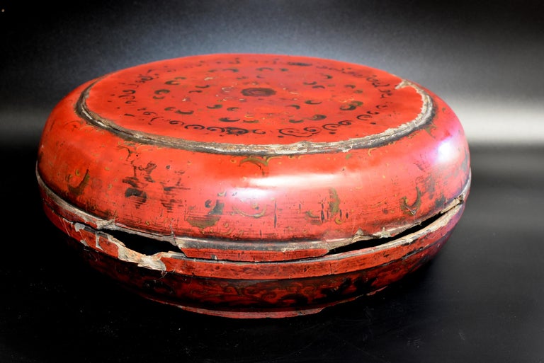 Antique Chinese Red Lacquered Round Box, All Original For Sale at ...