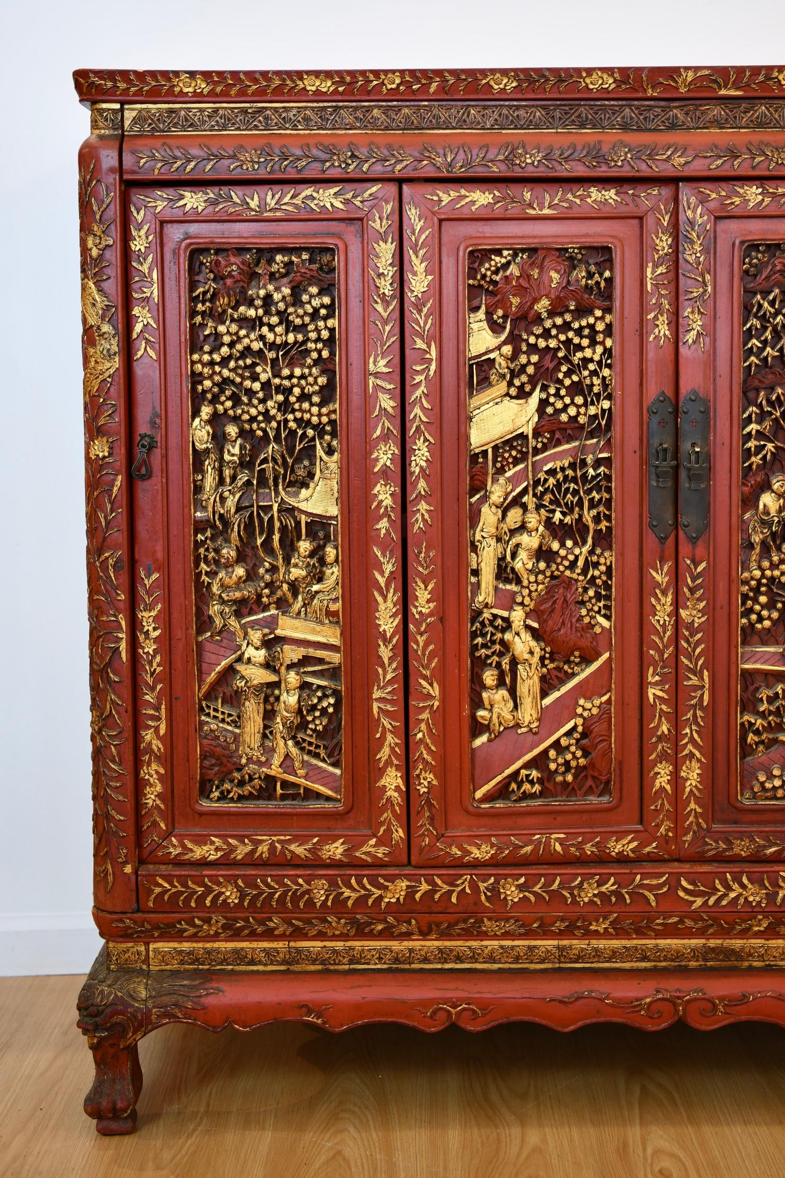 Antique Chinese Red Painted Cabinet For Sale at 1stDibs