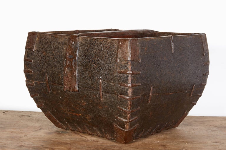 Antique Chinese Rice Measure Basket with Original Iron Decoration at ...