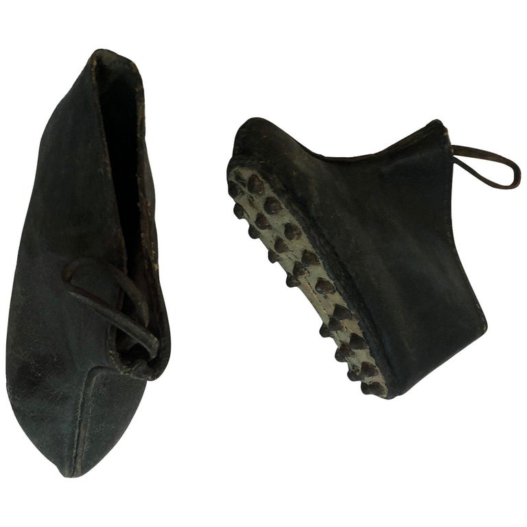 Antique Chinese Rice Paddy Black Leather Shoes For Sale at 1stDibs