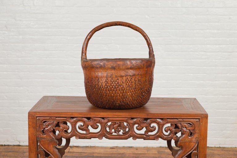 Antique Chinese Round Carrying Basket with Intricate Woven Rattan ...