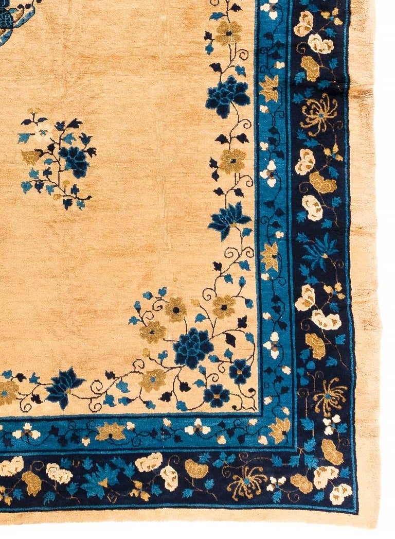 Antique Chinese Rug of Classic Floral Design in Ivory Field and Blue ...