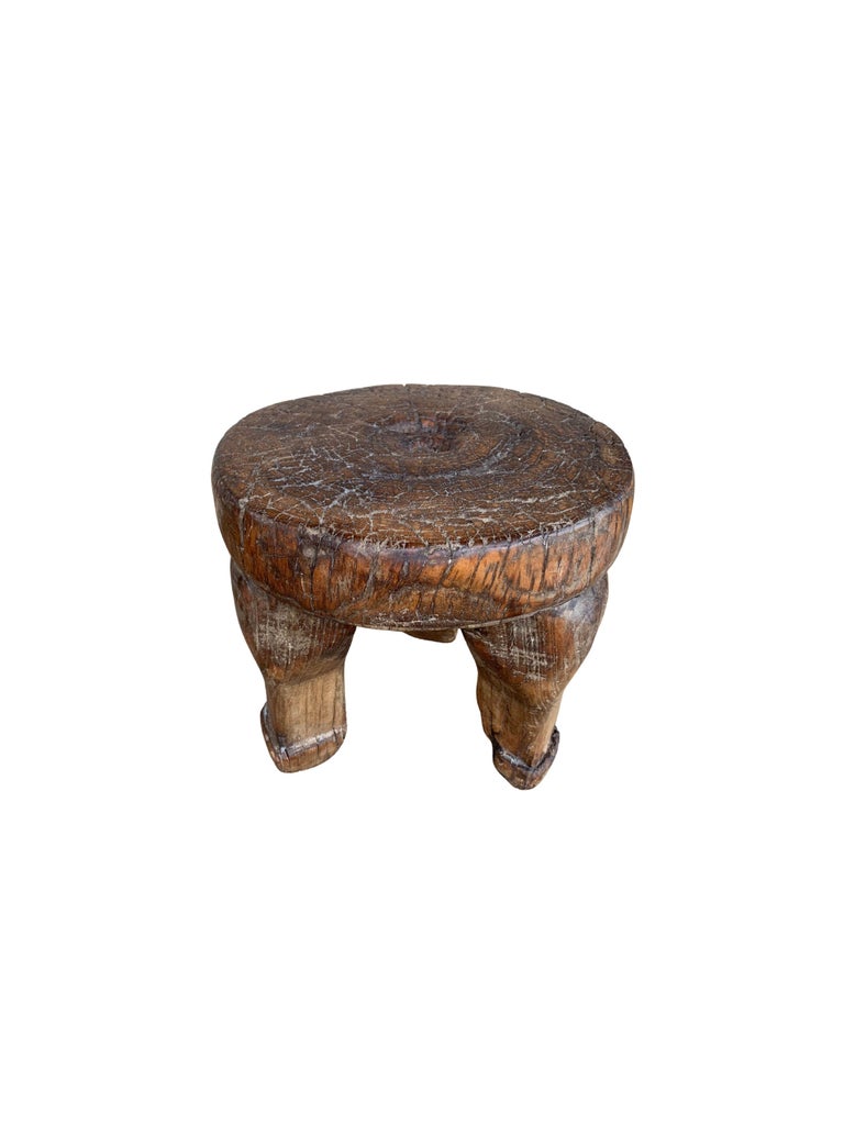 Antique Chinese Rustic Mini Elm Wood 3 Legged Stool, c.1900 at 1stDibs