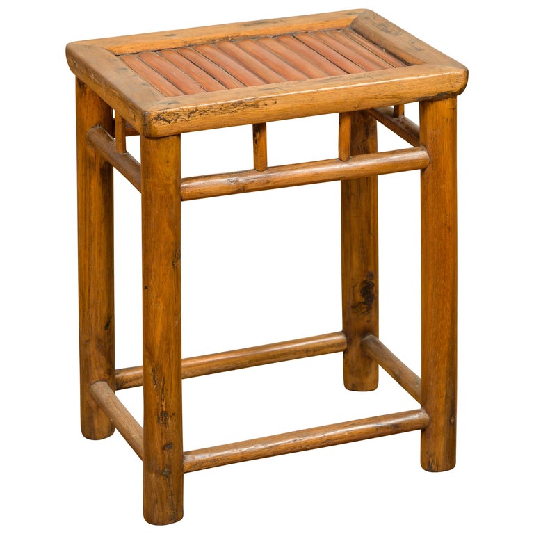 Antique Chinese Rustic Side Table with Bamboo Inset and Pillar-Shaped ...