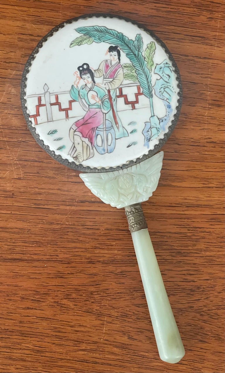Antique Chinese Serpentine / Jade Hand Mirror For Sale at 1stDibs