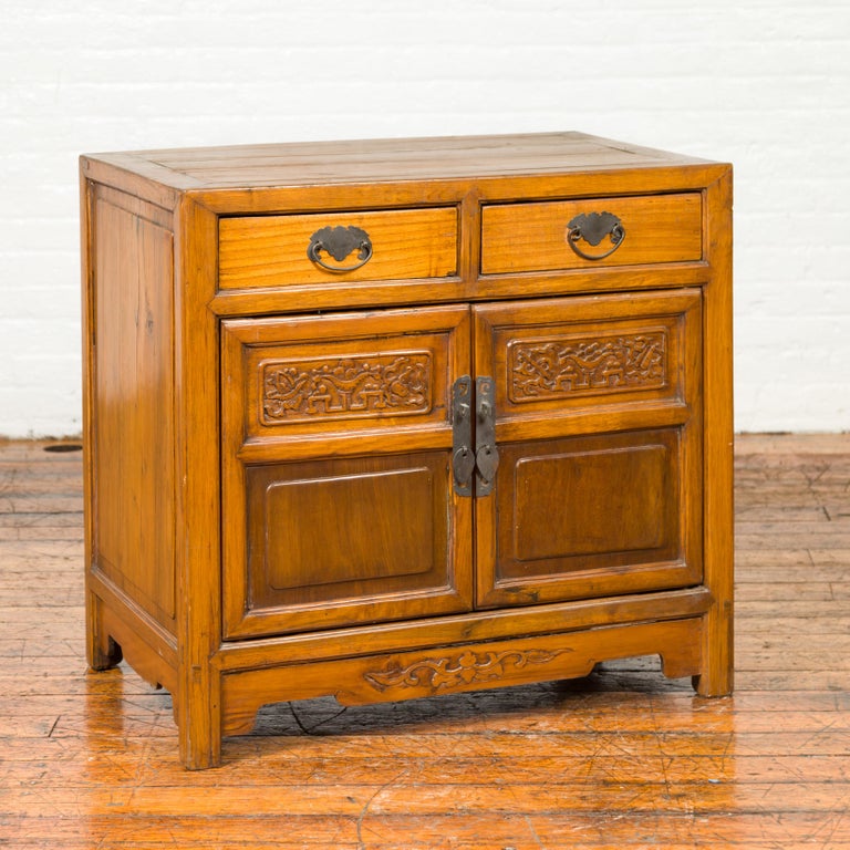 Antique Chinese Side Chest with Carved Motifs, Two Drawers and Double ...