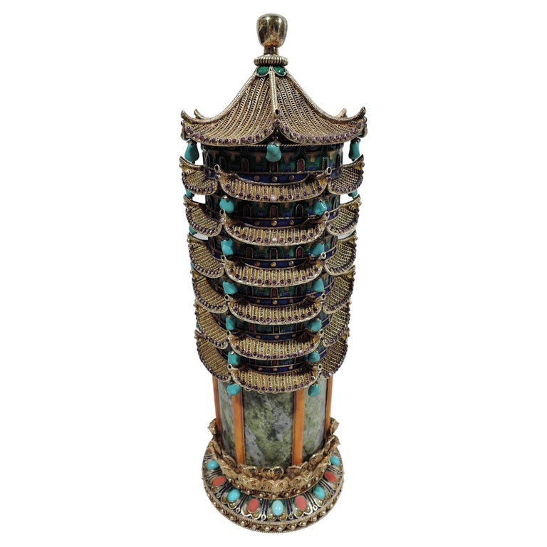 Antique Chinese Silver Gilt, Enamel, and Marble Pagoda Box For Sale at ...