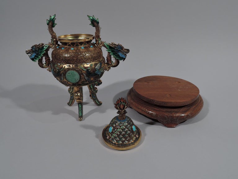Antique Chinese Silver Gilt and Enamel Censer with Dragon Handles For ...